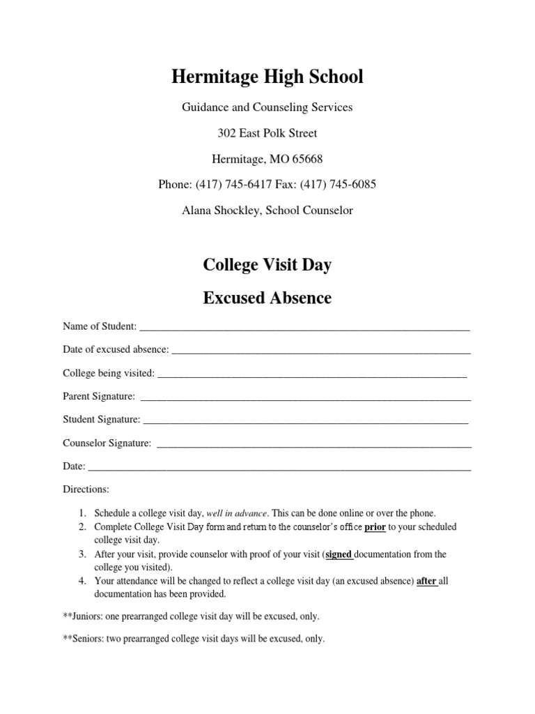 college visit day excused absence form