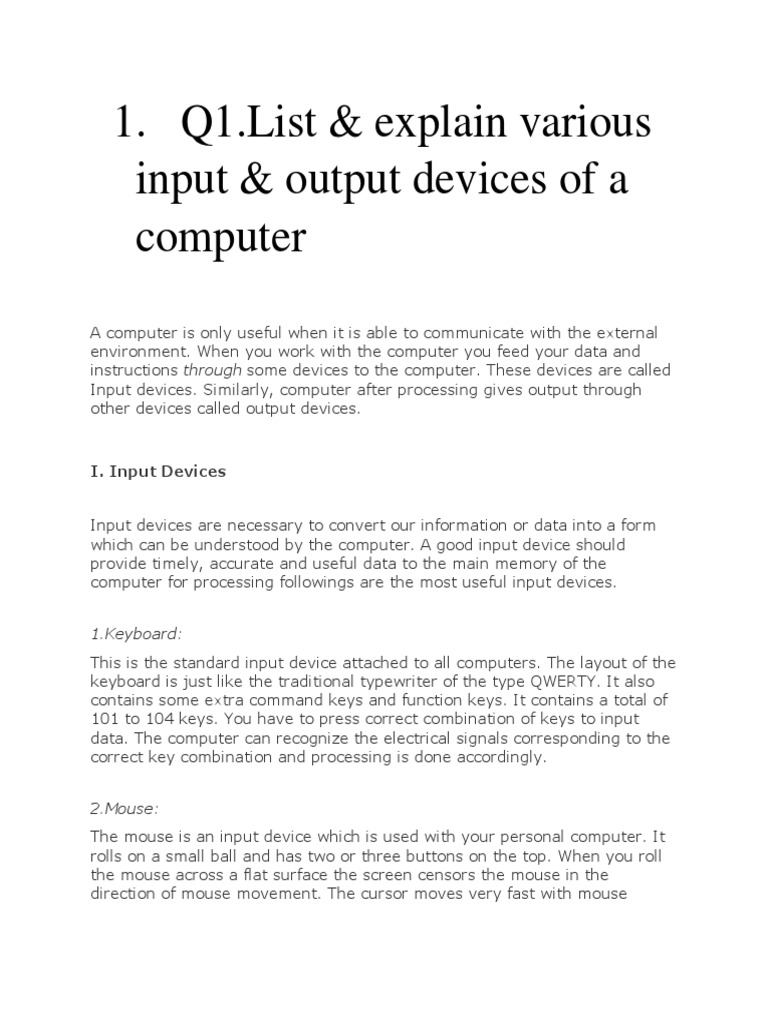 Q1.List & Explain Various Input & Output Devices of A Computer | PDF | Computer Data Storage ...