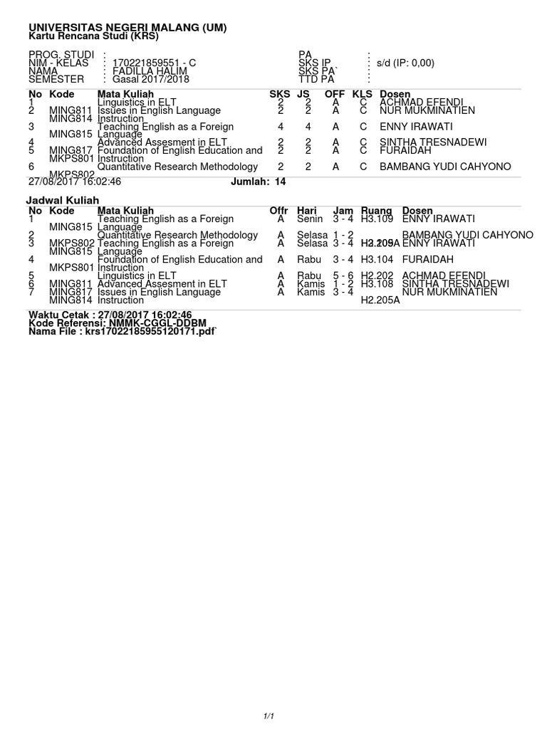 Universitas Negeri Malang (Um) : Kartu Rencana Studi (KRS) | PDF