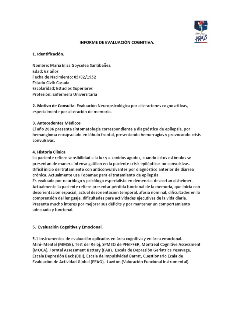 Ejemplo de Informe Neuropsicológico | Epilepsia | Memoria