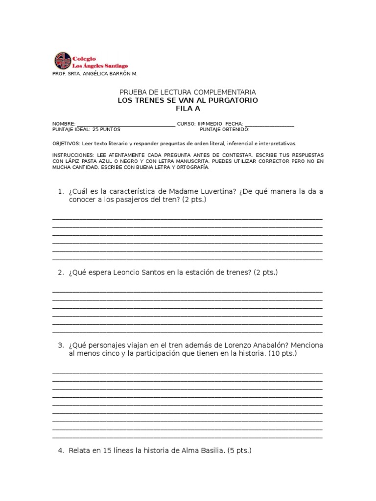 Lectura Complementaria Trenes Se Van Al Purgatorio FILA A | PDF ...