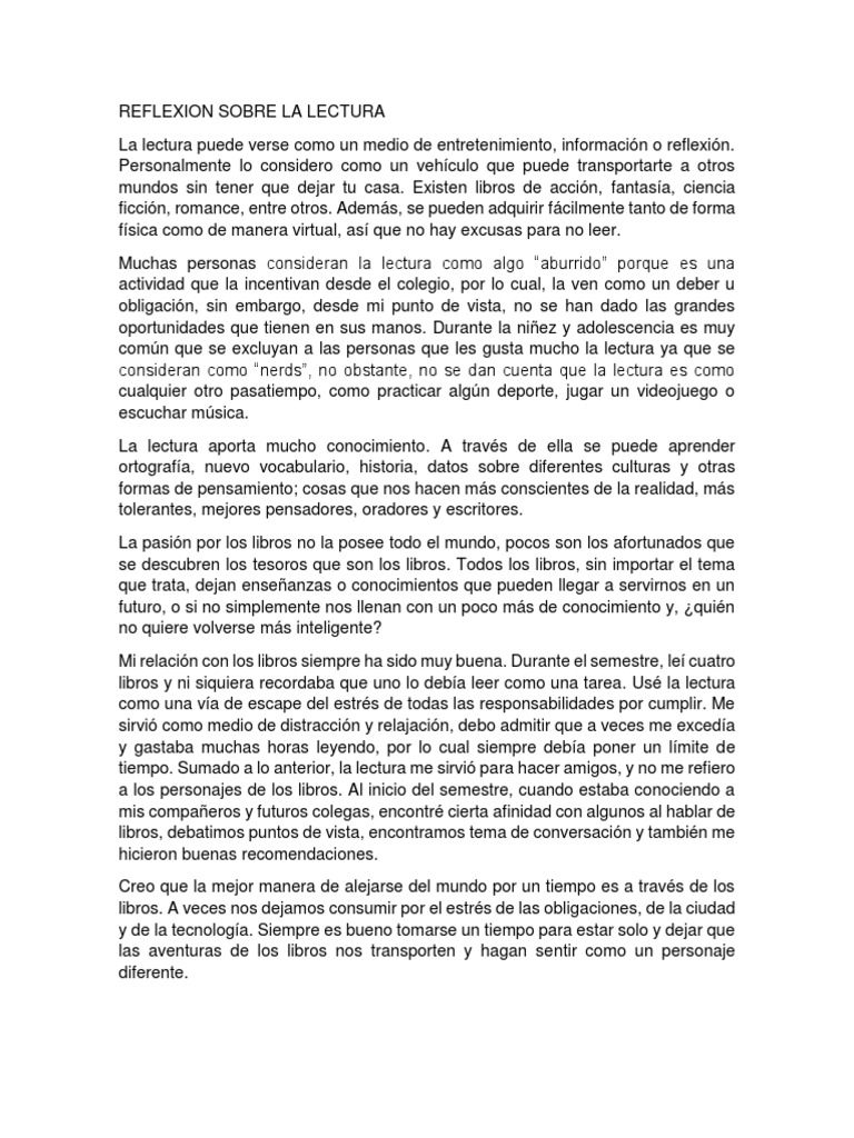 Reflexion Sobre La Lectura | Lectura (proceso) | Conocimiento