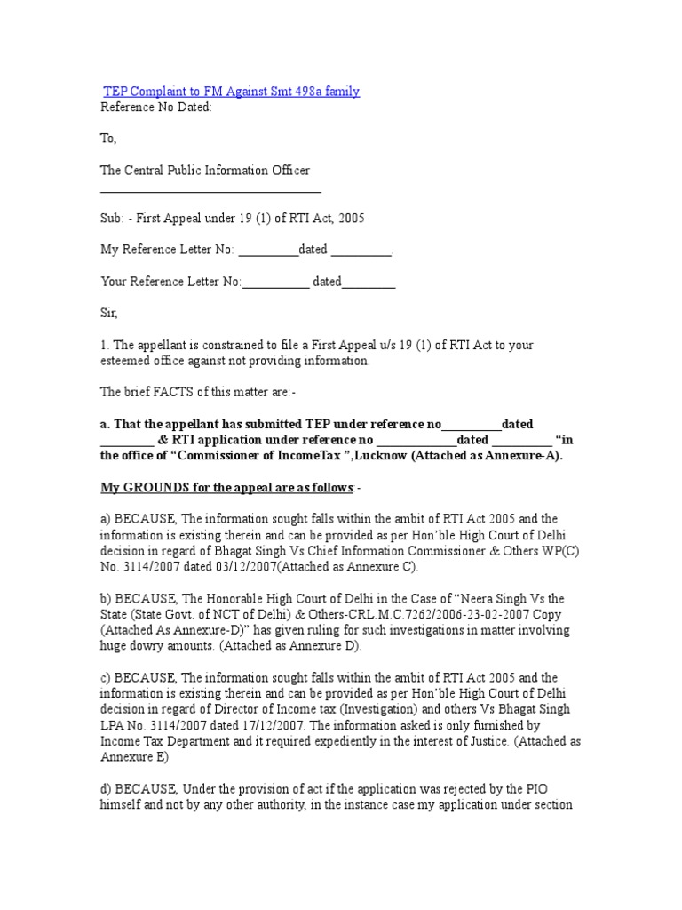 TEP RTI Complaint Us 19 (1) To FM Against SMT 498a Family | PDF ...