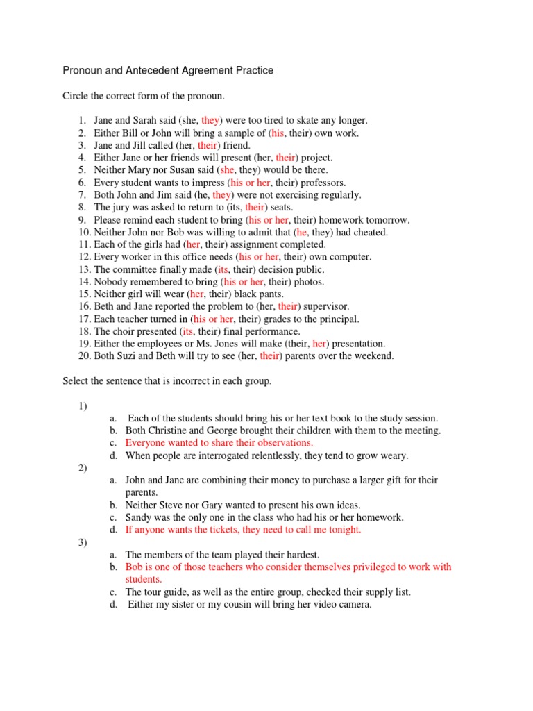 Pronoun and Antecedent Agreement Practice | PDF