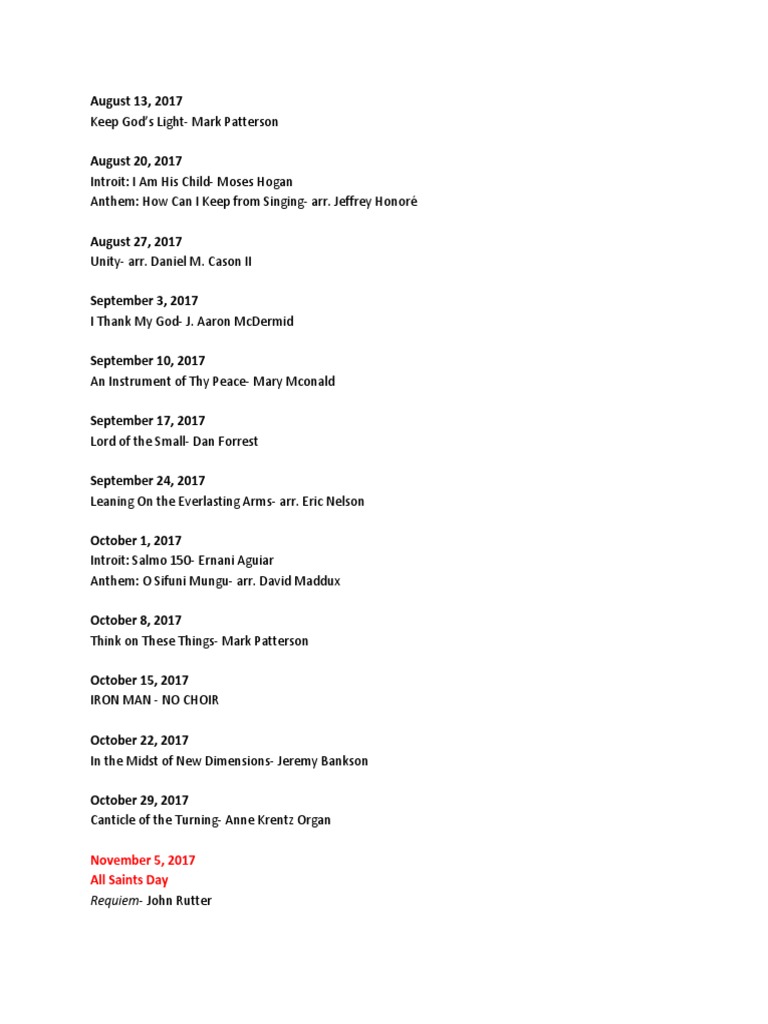 Chancel Choir Schedule August 2017 | PDF