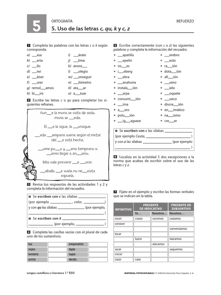 Hojas De Trabajo Sobre Las Reglas De Ortografía De La C Y La K Para