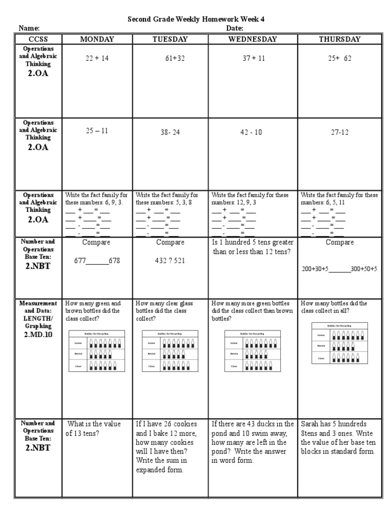 Second Grade Weekly Homework Week 4 Name: Date: Ccss Monday Tuesday ...