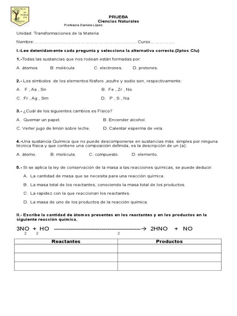 Prueba Cambios Fisico y Quimicos | PDF | Reacciones químicas | Importar