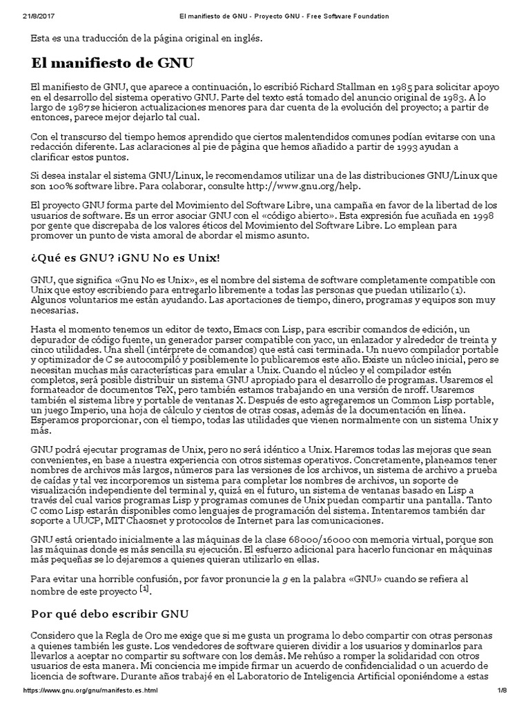 STALLMAN R - 1993 - El Manifiesto de GNU - Proyecto GNU - Free Software Foundation | PDF ...