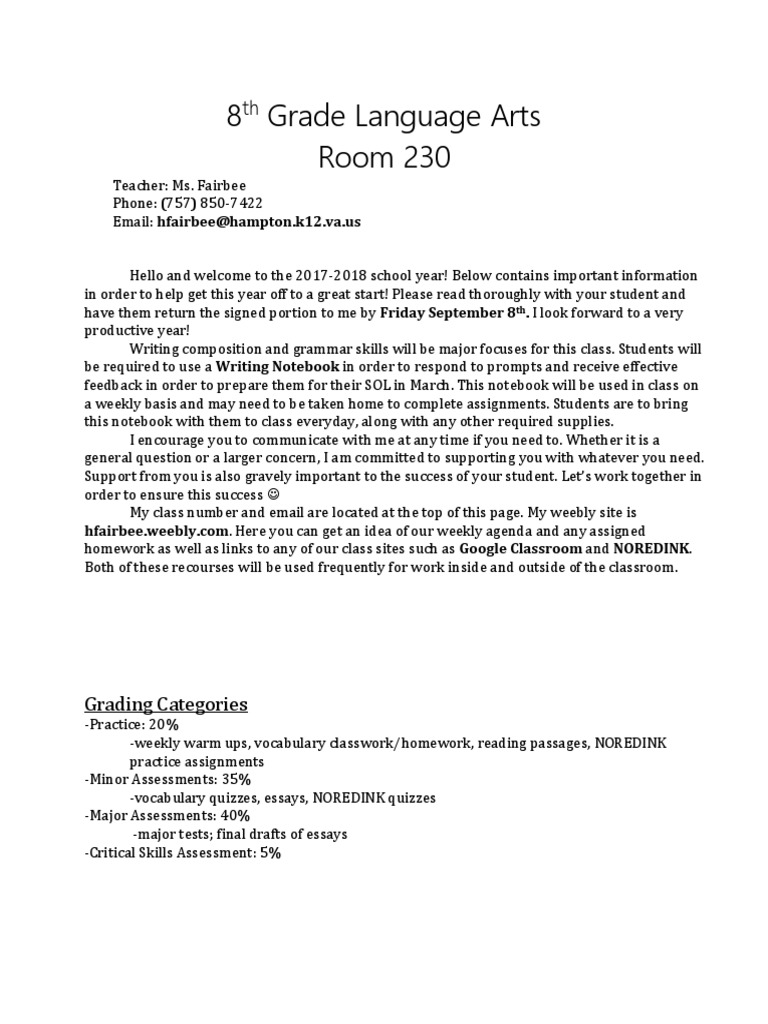8th Grade Language Arts Overview 2017-2018 | PDF | Homework ...