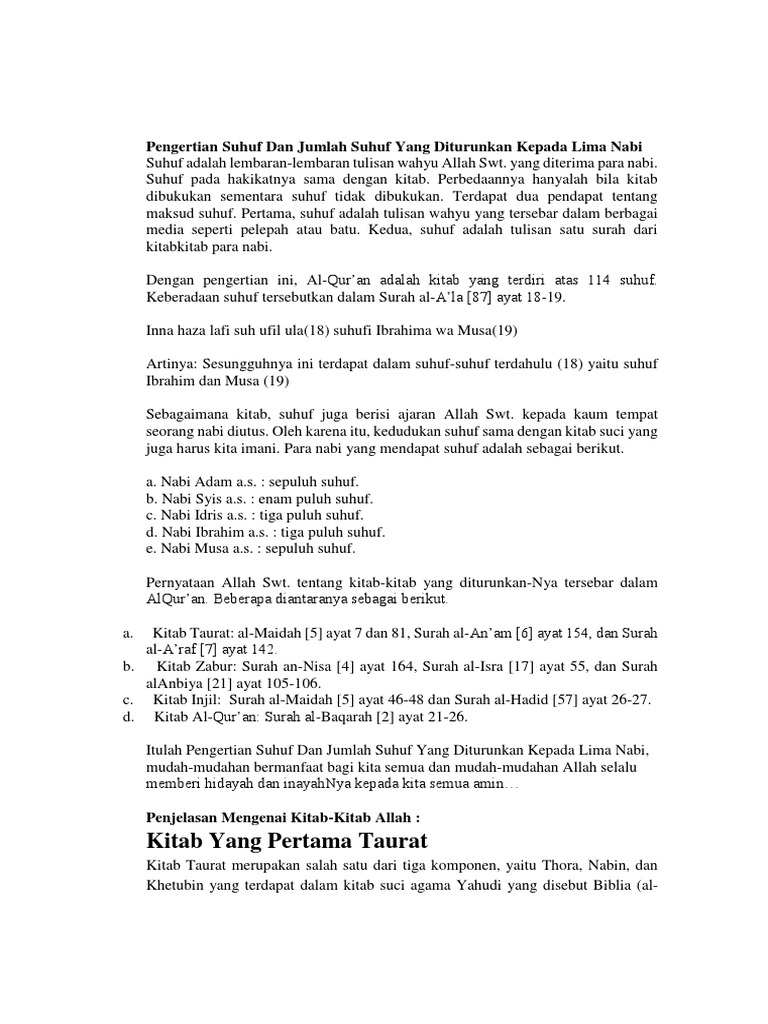 Pengertian Suhuf Dan Jumlah Suhuf Yang Diturunkan Kepada Lima Nabi ...