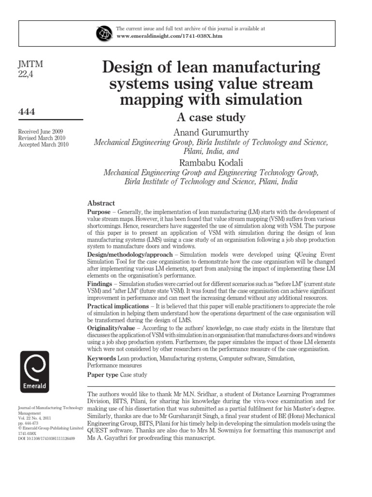 2011 Design of Lean Manufacturing Systems Using Value Stream Mapping With Simulation A Case ...
