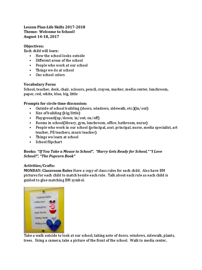 Lesson Plan-Welcome To School | PDF | Classroom | Teaching And Learning