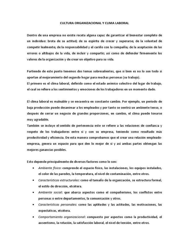 Ensayo Clima Laboral | PDF | Conceptos psicologicos | Sicología