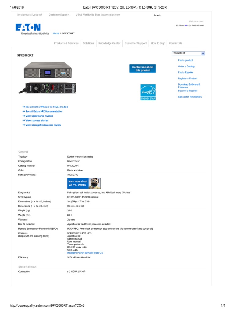Eaton 9PX 3000 RT 120V, 2U, L5-30P, (1) L5-30R, (6) 5-20R | PDF | Mains ...