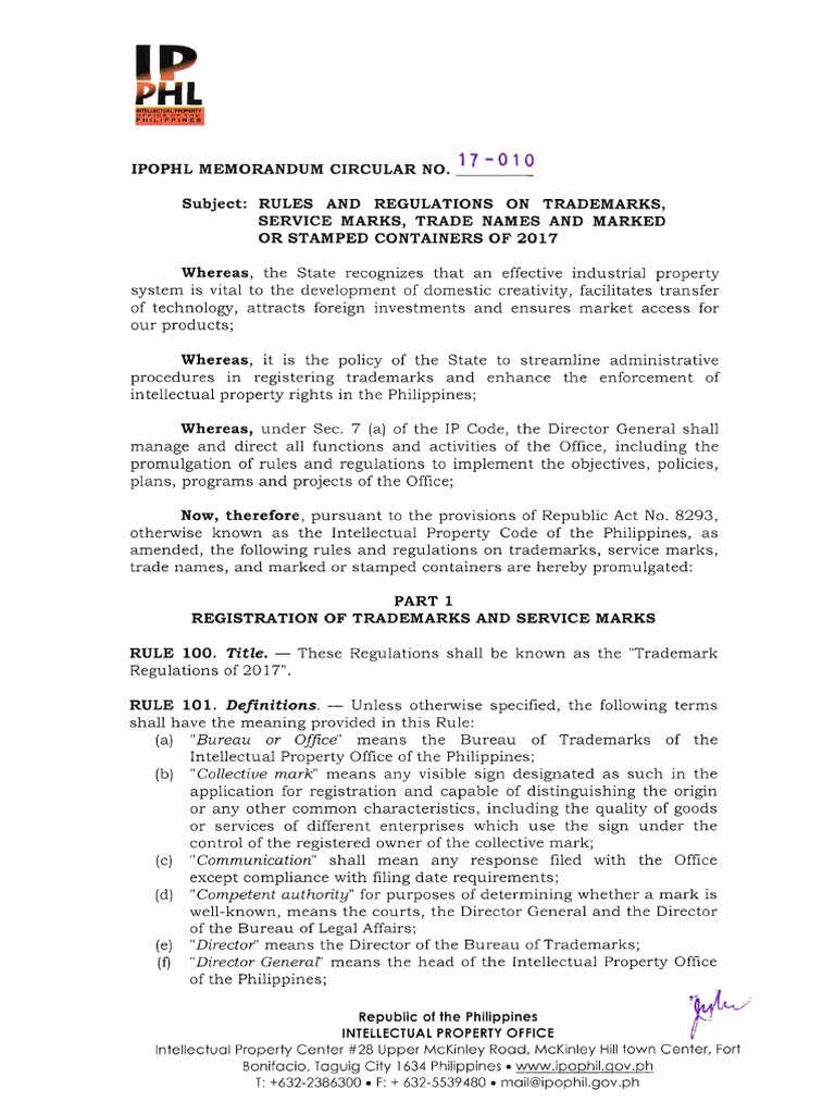 IPO Memorandum Circular No. 17-010 Trademark Regulations 2017 | PDF ...