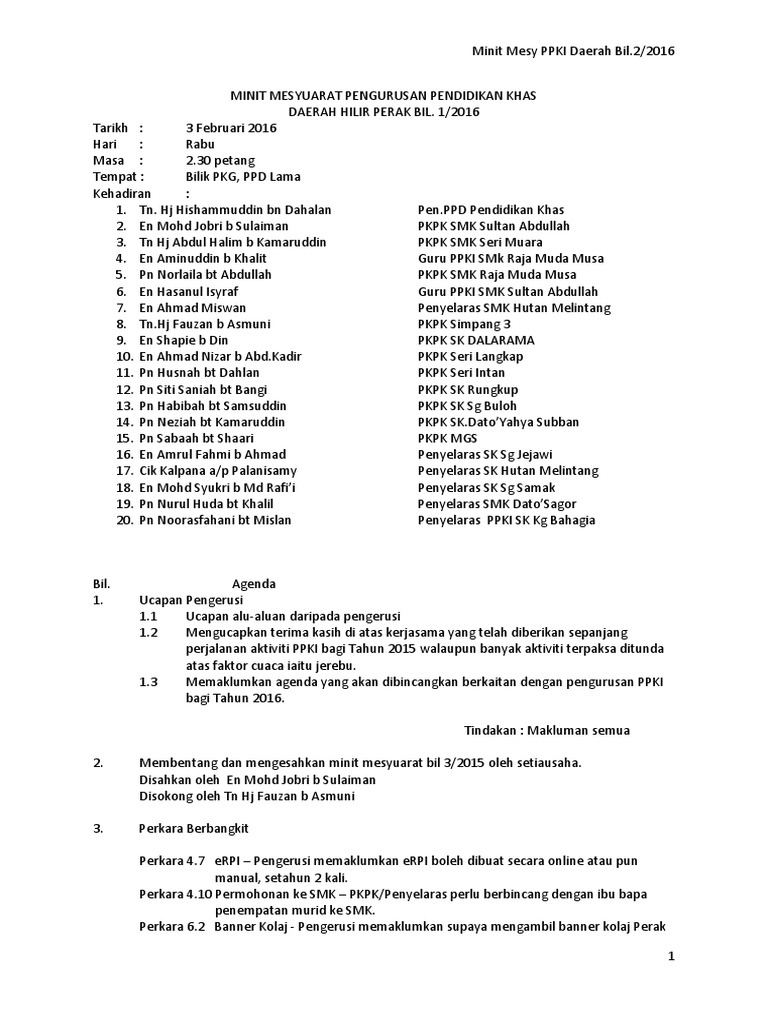 Minit Mesyuarat Pengurusan Pendidikan Khas 1 2016 | PDF