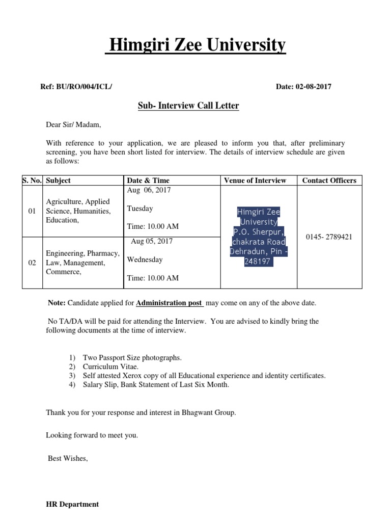 Himgiri Zee University: Sub-Interview Call Letter | PDF