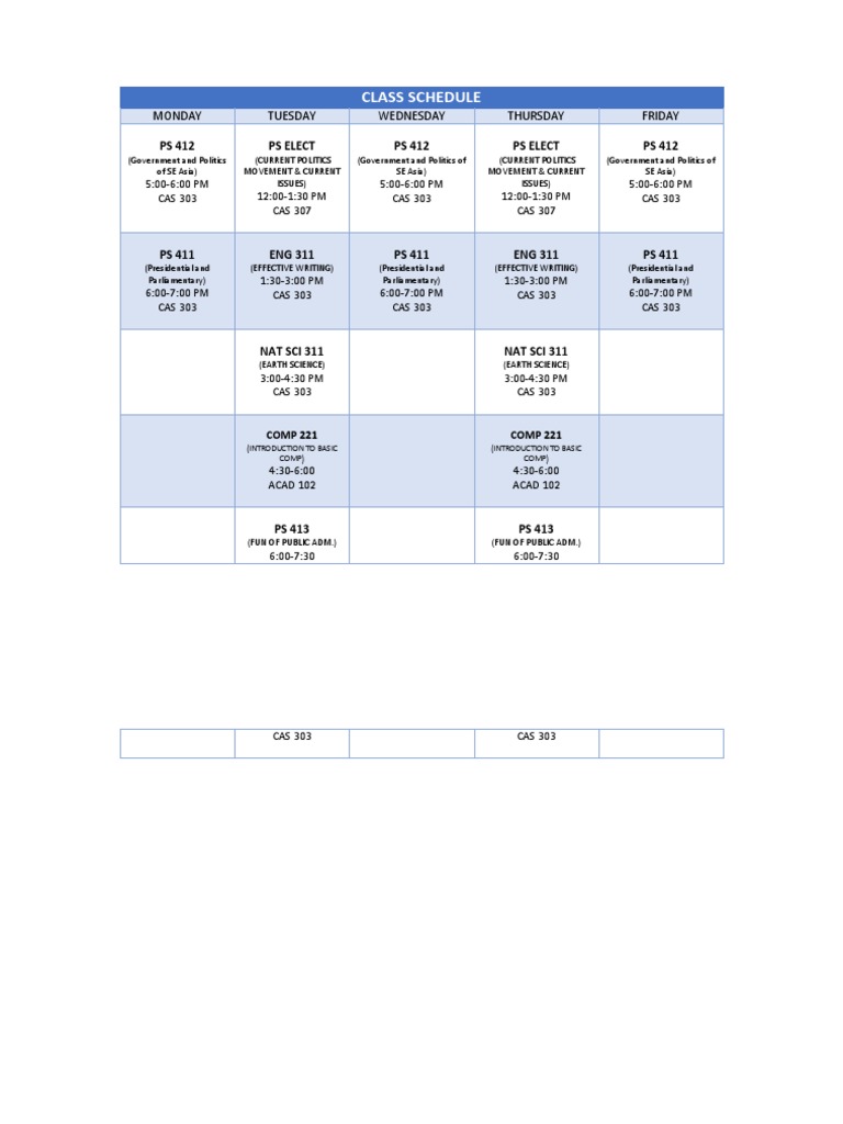 Class Schedule: Monday Tuesday Wednesday Thursday Friday | PDF