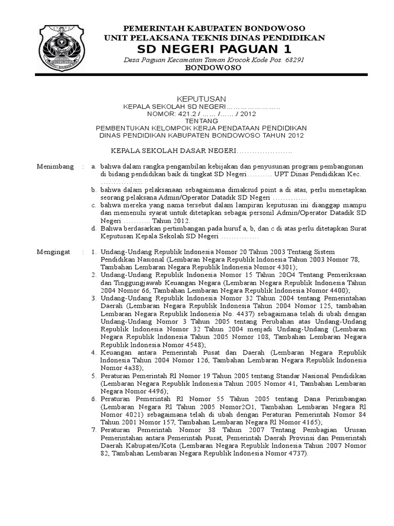 Contoh SK Operator Sekolah Dapodik | PDF