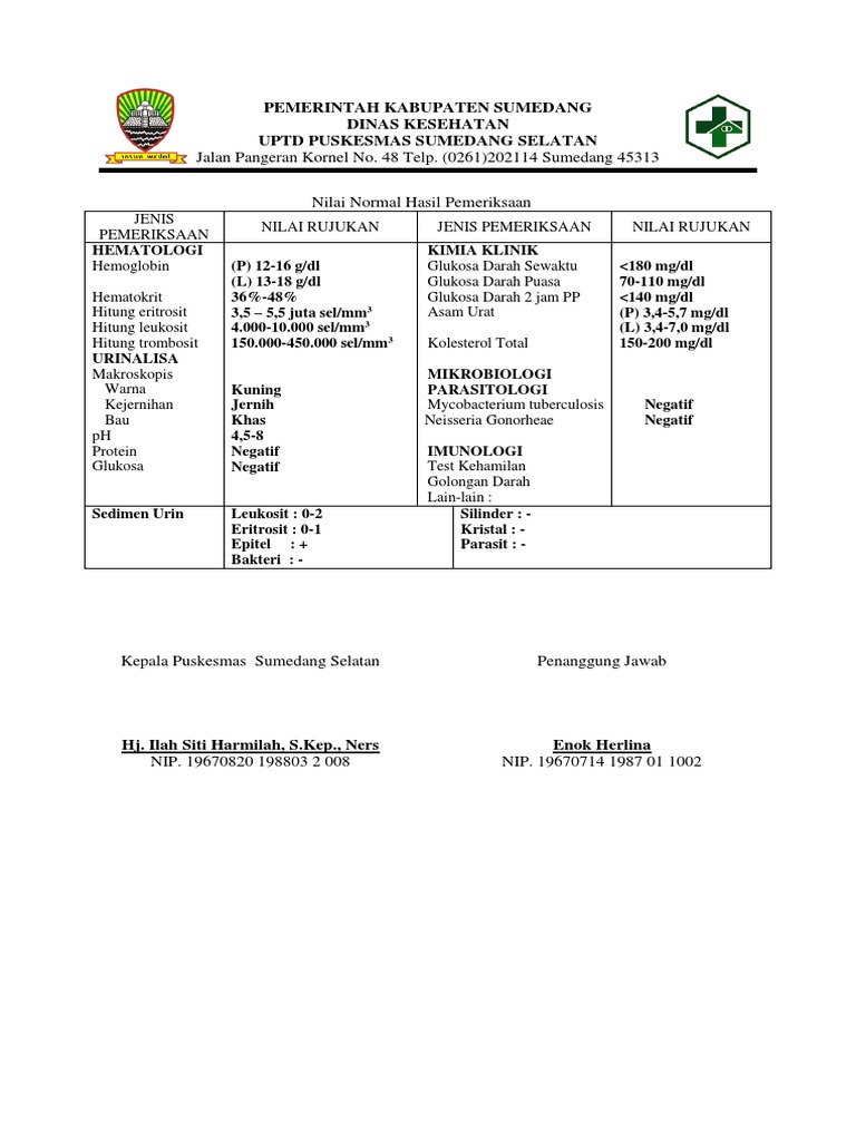 Nilai Normal Hasil Lab Dan Nilai Kritis Yang Harus Dilaporkan | PDF