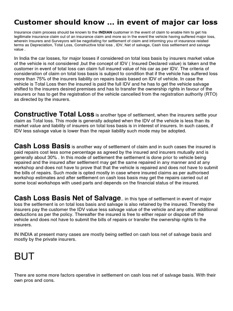Total Loss Settlement in Indian Car Insurance | PDF | Marine Salvage ...