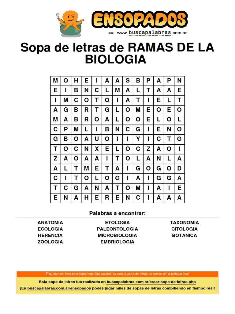 Sopa de Letras de Ramas de La Biologia