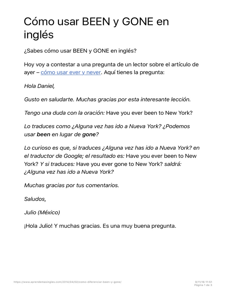 Uso de BEEN y GONE en inglés | PDF | Traducciones | Idiomas