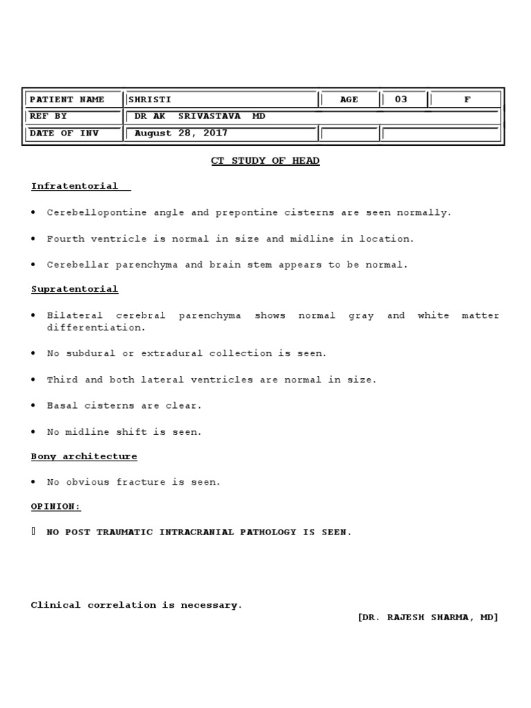 CT Head Study Report for Child | PDF