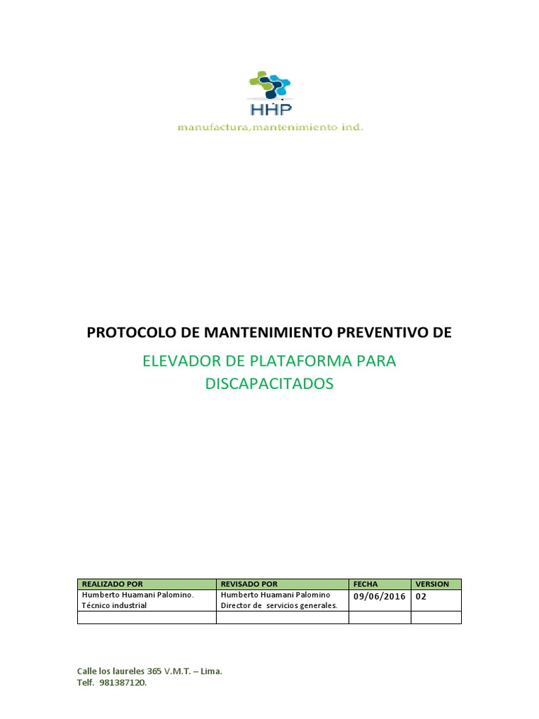 PROTOCOLO DE MANTENIMIENTO PREVENTIVO DE Elevador Plataforma - Docx El Pilar | PDF | Ascensor ...
