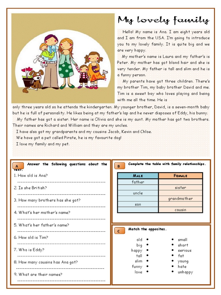 My Lovely Family Reading Comprehension Exercises 10557 | PDF | Family ...