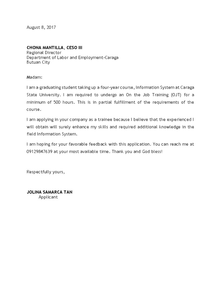 Jolina Samarca Tan - OJT Letter | PDF