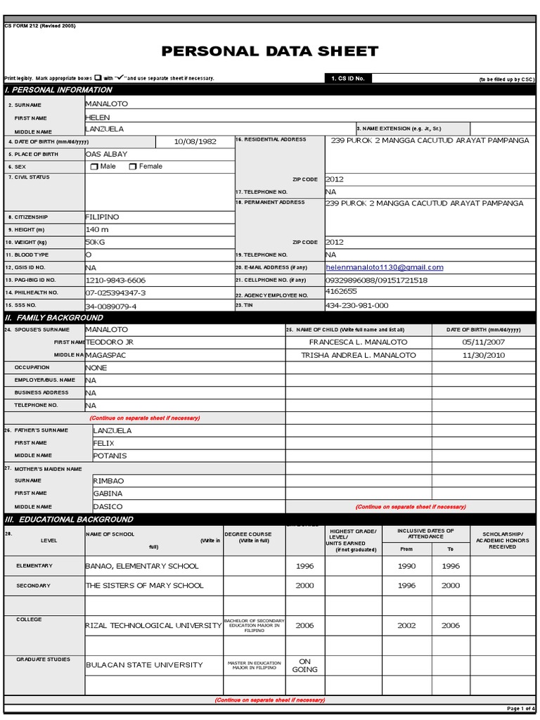 CS FORM 212 (Revised 2005) Personal Data Sheet | PDF | Teachers | Crime ...