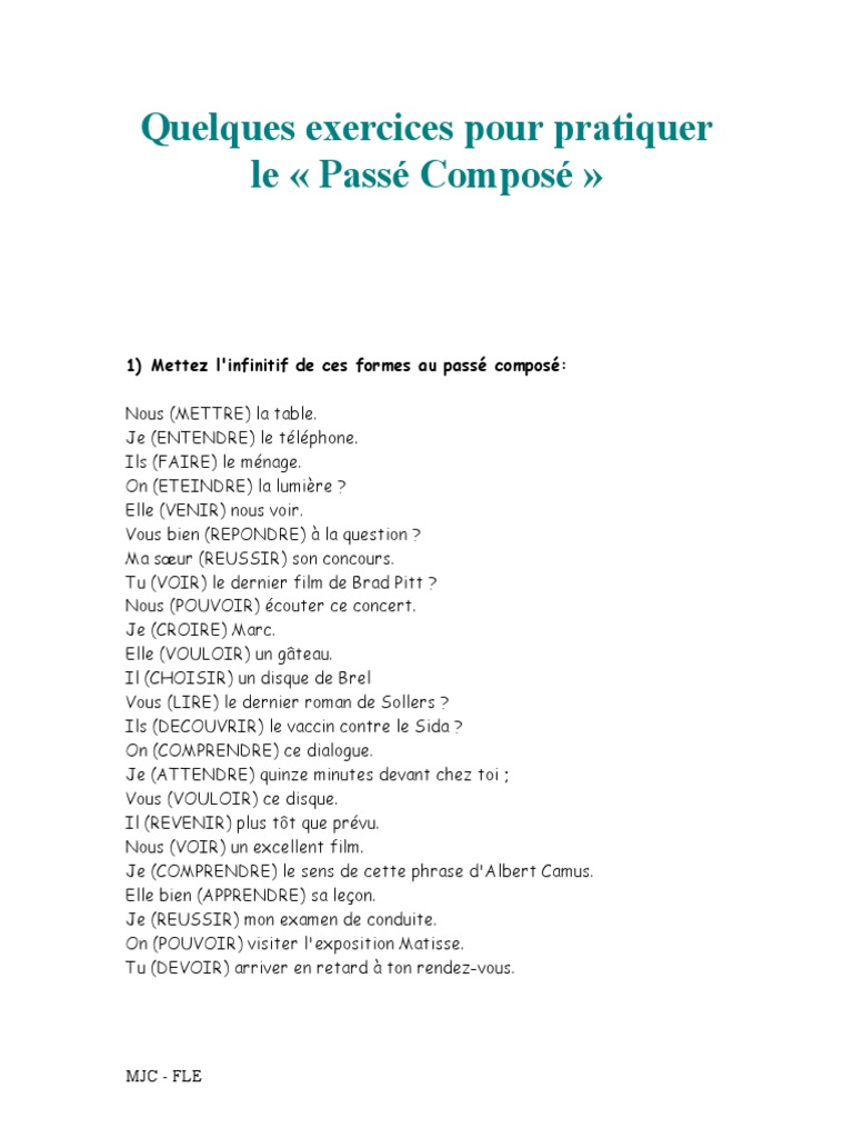 Quelques Exercices Pour Pratiquer Le Passé Composé | PDF | Roger ...
