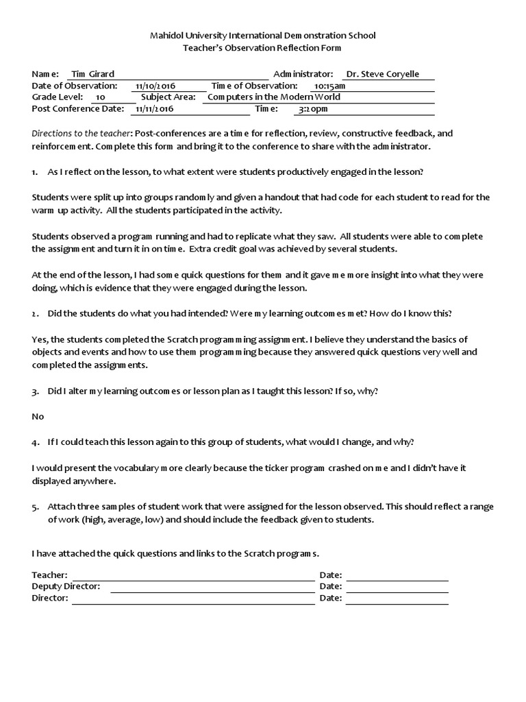 Post-Observation Form | PDF