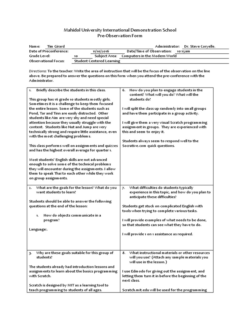 Pre-Observation Form | PDF | Scratch (Programming Language) | Classroom