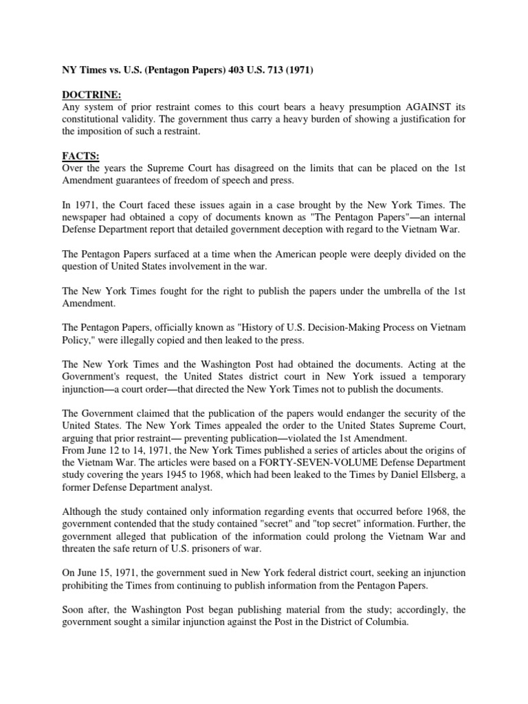 NY Times Vs US Case Digest | PDF | Prior Restraint | First Amendment To ...