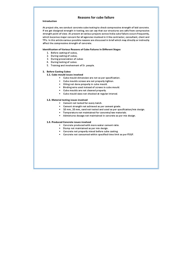Reasons For Cube Failure | PDF | Concrete | Industries