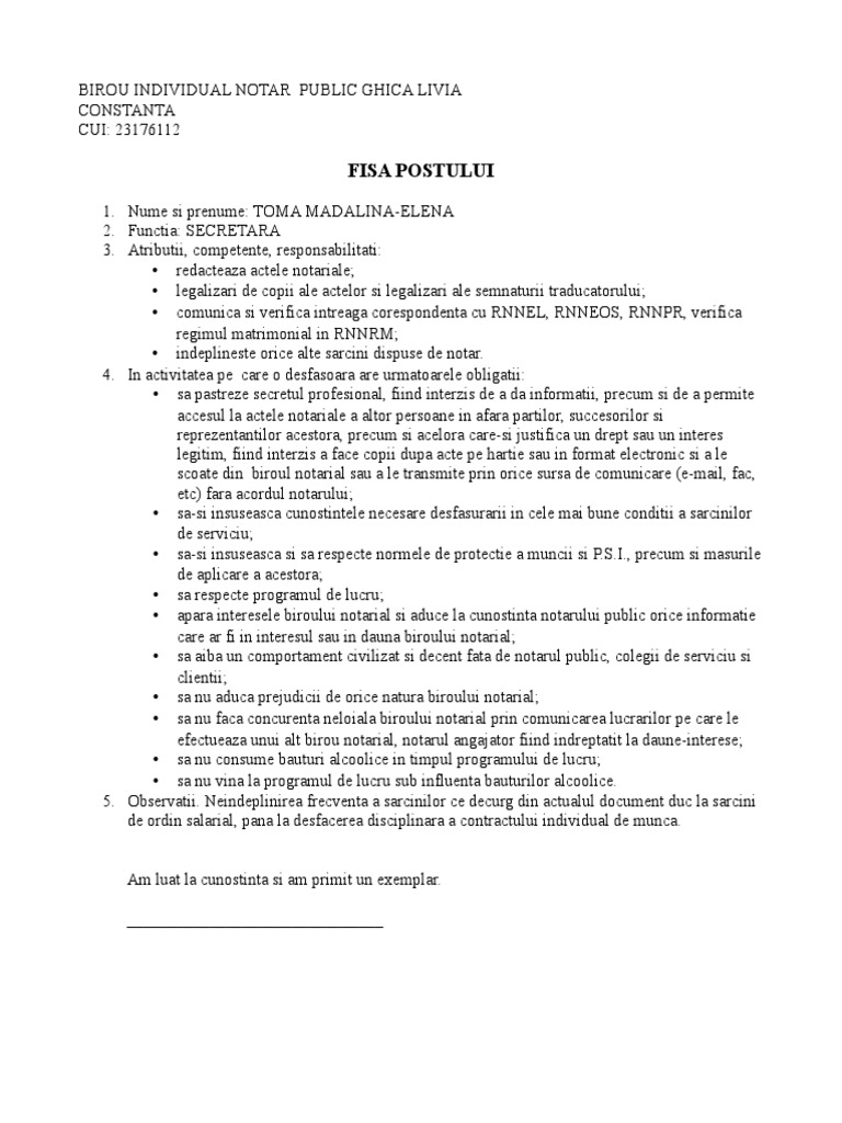Fisa postului - secretara