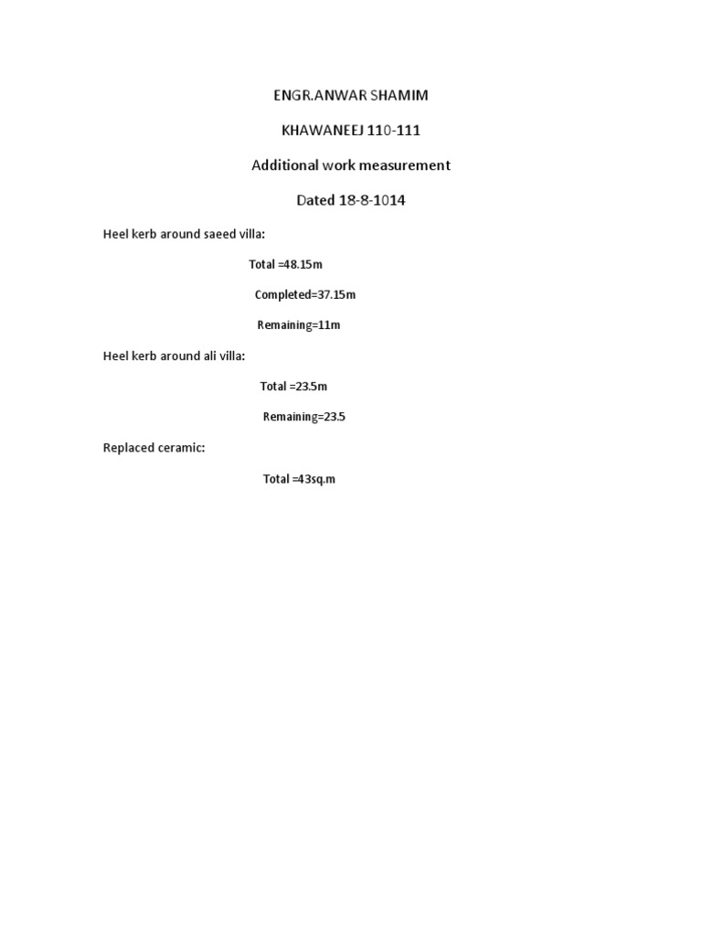 Engr - Anwar Shamim KHAWANEEJ 110-111 Additional Work Measurement Dated ...