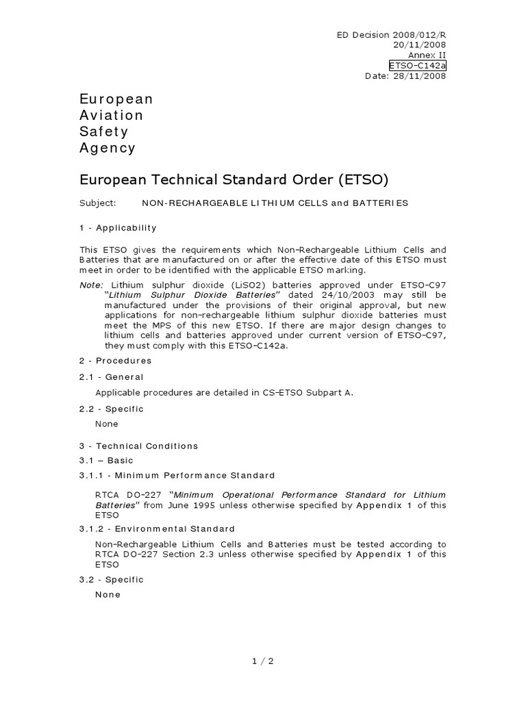 ETSO-C142a CS-ETSO 3 | PDF | Battery (Electricity) | Explosion
