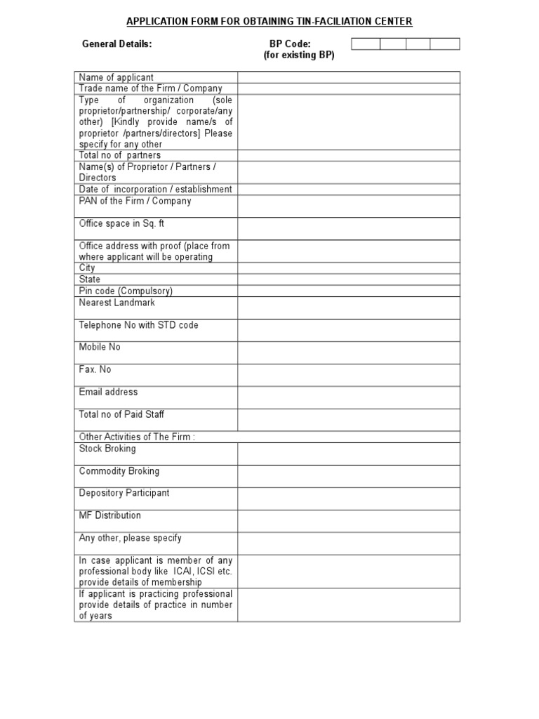 Application Form For Obtaining Tin-Faciliation Center General Details ...