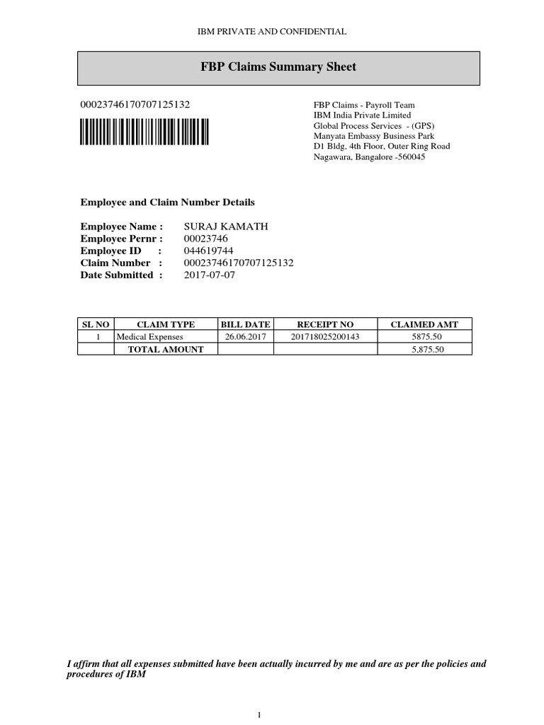 FBP Claims Summary Sheet: Employee and Claim Number Details | PDF