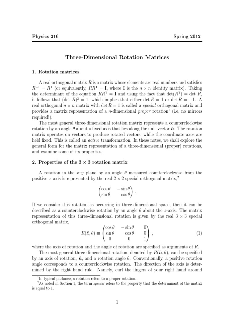 Three-Dimensional Rotation Matrices: 1 T T T T 2 | PDF | Eigenvalues ...