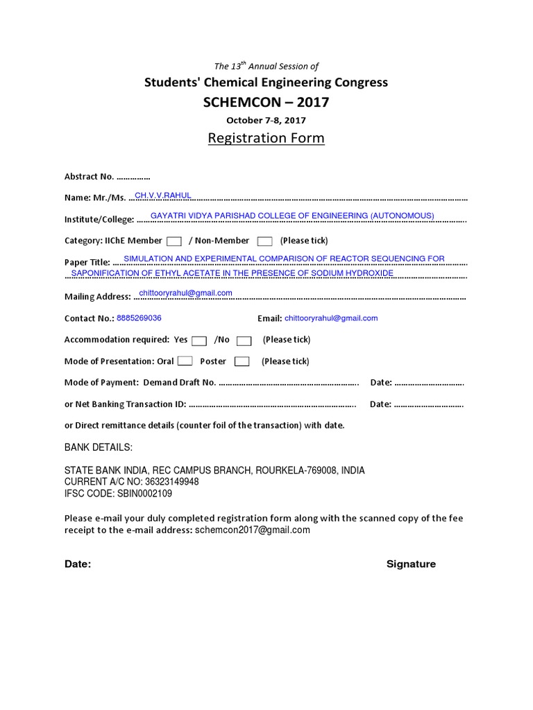 Registration Form - SCHEMCON 2017 | PDF
