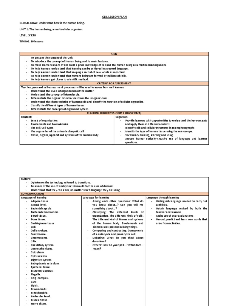 Clil Lesson Plan | PDF | Cytoplasm | Cell (Biology)