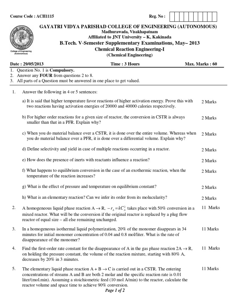 Chemical Reaction Engineering Exam Questions | PDF | Chemical Reactor ...