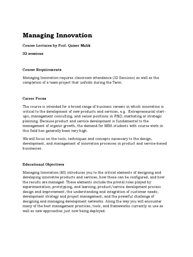 Managing Innovation-Course Outline | Innovation | Design