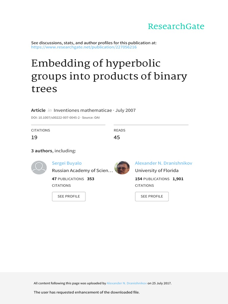Embedding of Hyperbolic Groups Into Products of Binary Trees | PDF | Metric Space | Topology