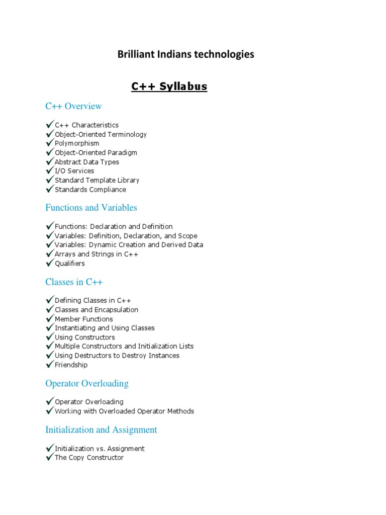 Brilliant Indians Technologies: C++ Syllabus | PDF | C++ | Method ...